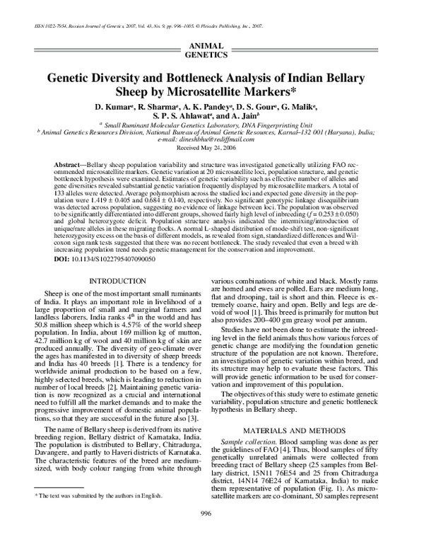 (PDF) Genetic diversity and bottleneck analysis of Indian bellary sheep ...