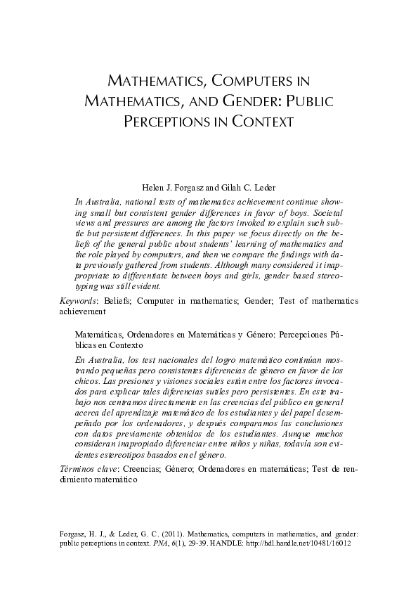 (PDF) Mathematics, computers in Mathematics, and gender : public ...