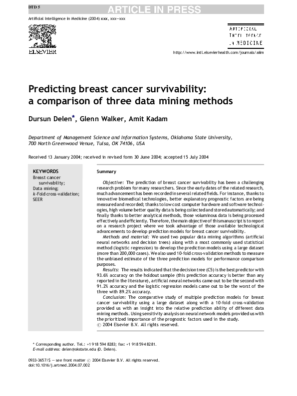Pdf Predicting Breast Cancer Survivability A Comparison Of Three Data Mining Methods