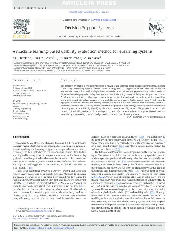 Pdf A Machine Learning Based Usability Evaluation Method For Elearning Systems