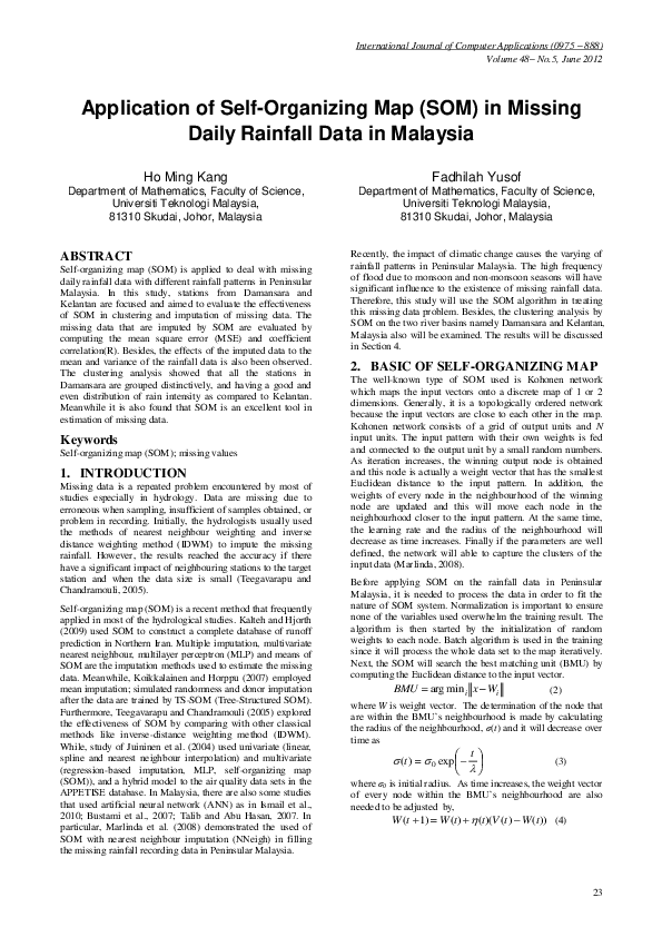 Pdf Application Of Self Organizing Map Som In Missing Daily Rainfall Data In Malaysia