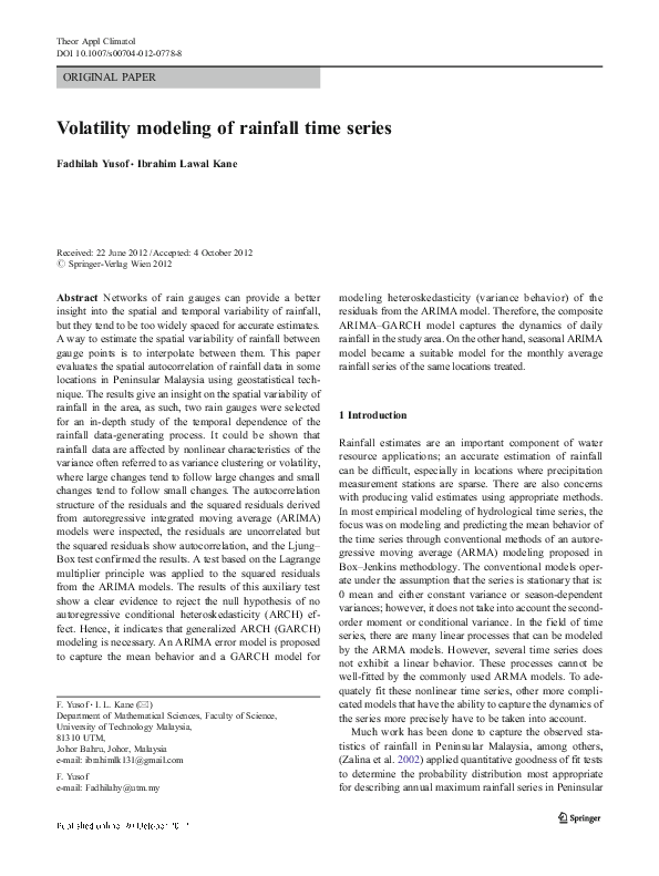 (PDF) Volatility modeling of rainfall time series