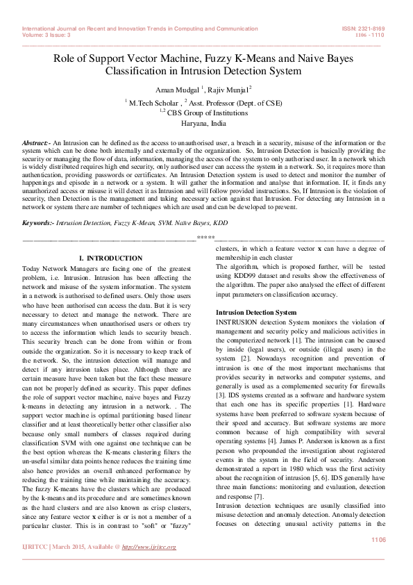 Pdf Role Of Support Vector Machine Fuzzy K Means And Naive Bayes Classification In Intrusion