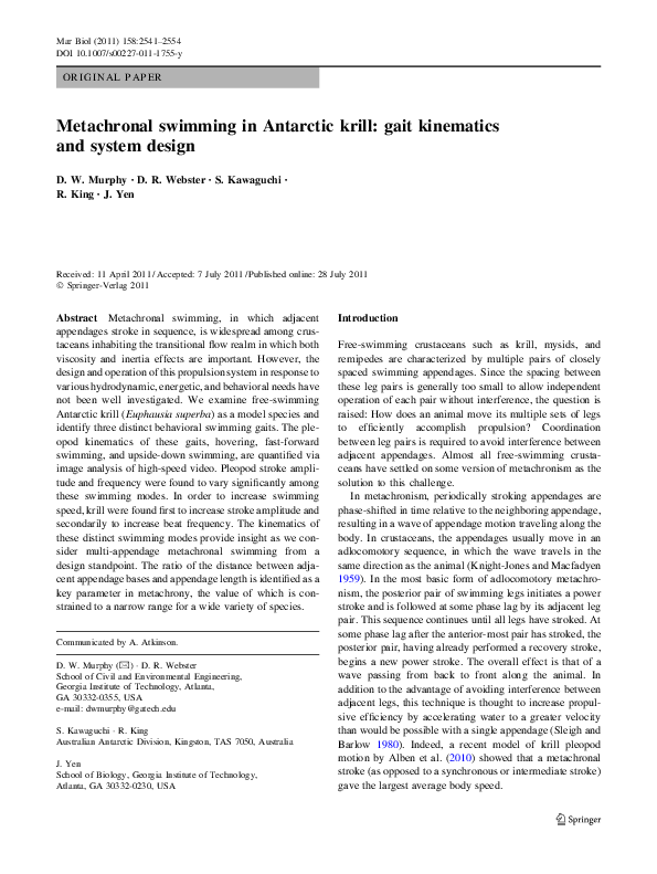(PDF) Metachronal swimming in Antarctic krill: gait kinematics and ...