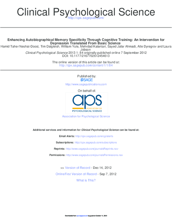(PDF) Enhancing autobiographical memory specificity through cognitive training an intervention ...