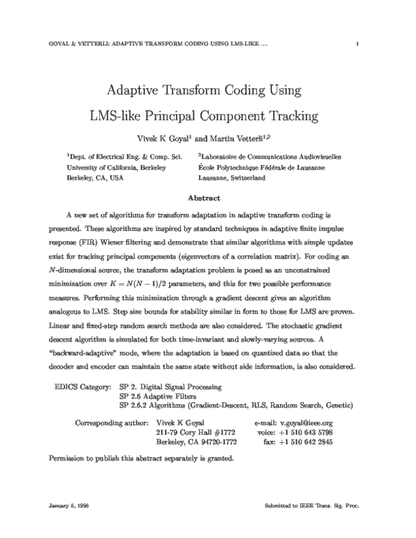 Pdf Adaptive Transform Coding Using Lms Like Principal Component Tracking 8915