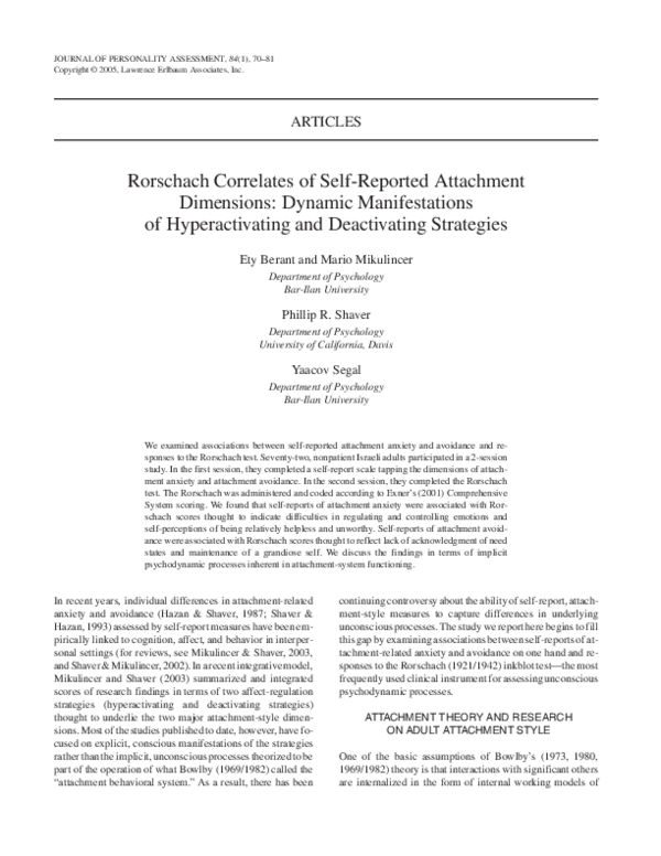 (PDF) Rorschach Correlates of Self-Reported Attachment Dimensions ...