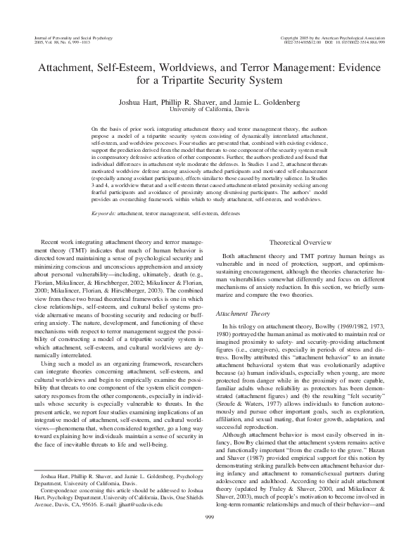 (PDF) Attachment, Self-Esteem, Worldviews, and Terror Management ...