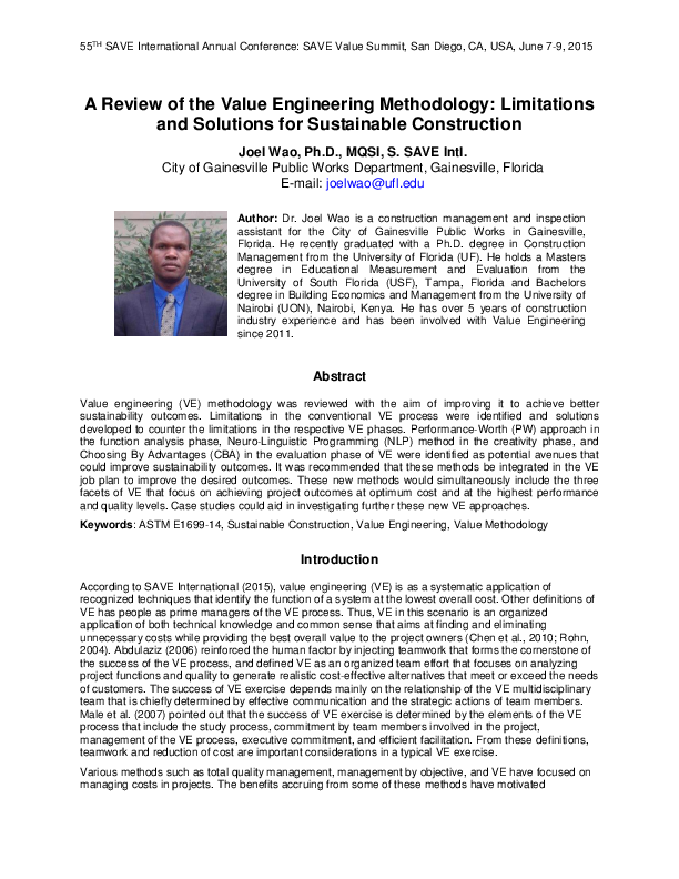 (PDF) A Review of the Value Engineering Methodology: Limitations and ...