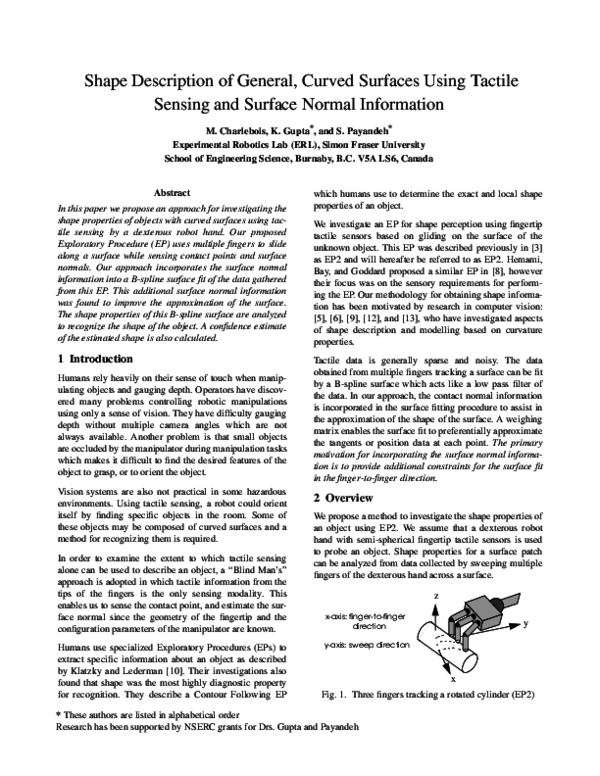 Pdf Shape Description Of General Curved Surfaces Using Tactile Sensing And Surface Normal
