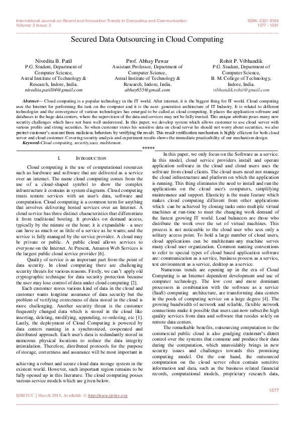 (PDF) Secured Data Outsourcing in Cloud Computing | International ...
