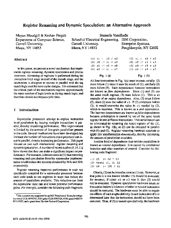 Register renaming and dynamic speculation: an alternative approach Register renaming and dynamic speculation: an alternative approach