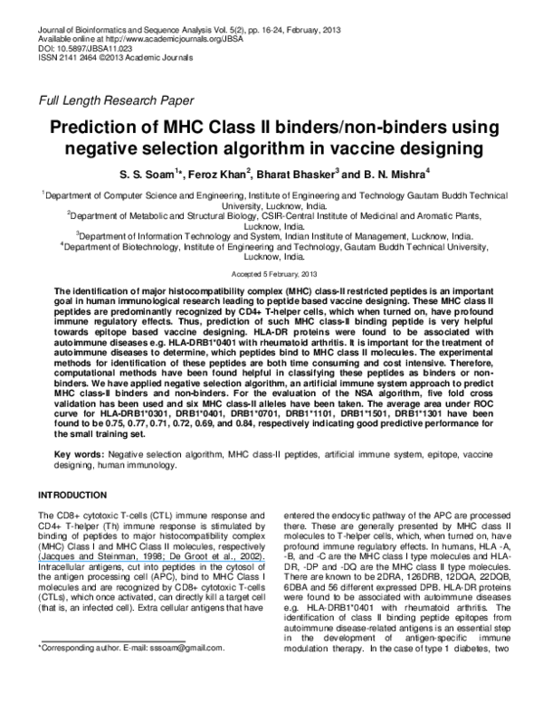 Pdf Prediction Of Mhc Class Ii Bindersnon Binders Using Negative Selection Algorithm In 
