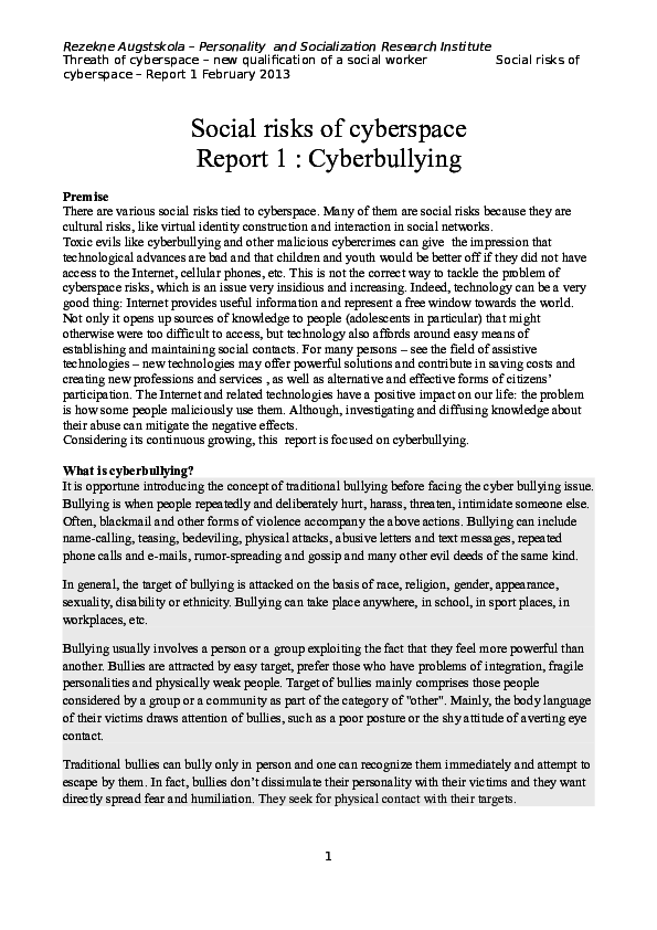 (DOC) Social risks of cyberspace. Report 1 : Cyberbullying