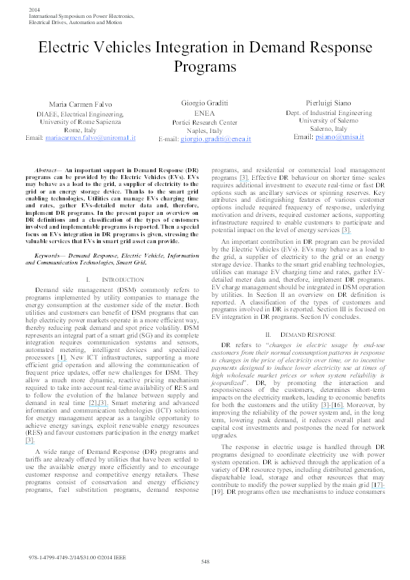 (PDF) Electric Vehicles integration in demand response programs