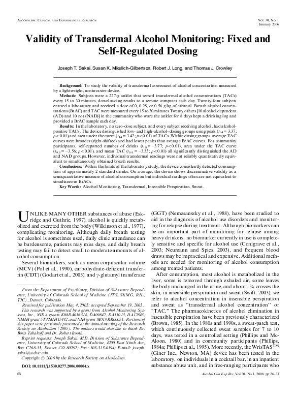 (PDF) Validity of Transdermal Alcohol Monitoring: Fixed and Self ...