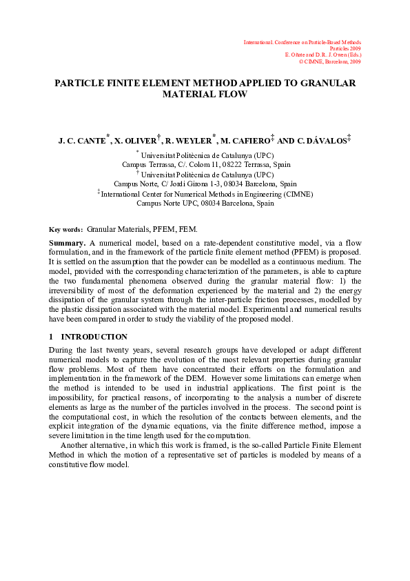 (PDF) PARTICLE FINITE ELEMENT METHOD APPLIED TO GRANULAR MATERIAL FLOW