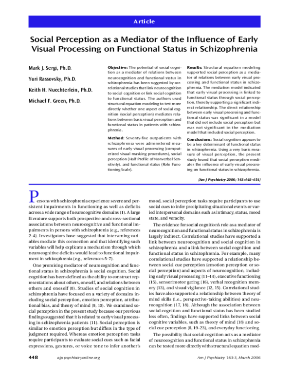 (PDF) Social Perception as a Mediator of the Influence of Early Visual Processing on Functional ...