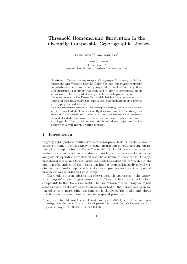 (PDF) Threshold Homomorphic Encryption in the Universally Composable Cryptographic Library