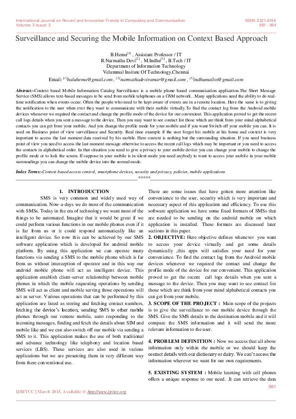 Pdf Surveillance And Securing The Mobile Information On Context Based Approach