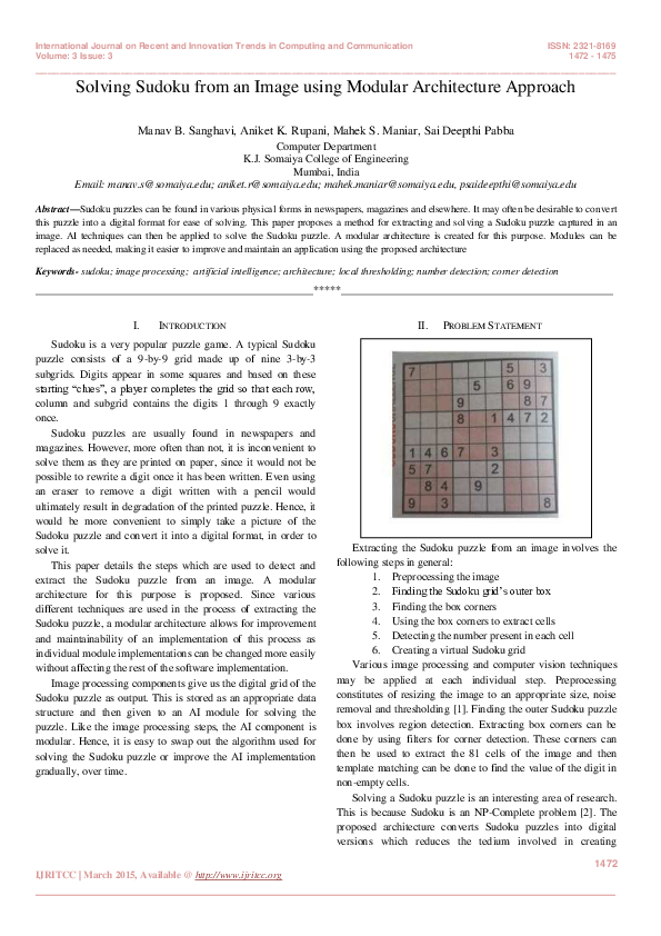 (PDF) Solving Sudoku from an Image using Modular Architecture Approach