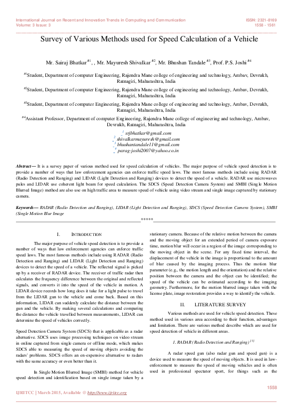 (PDF) Survey of Various Methods used for Speed Calculation of a Vehicle