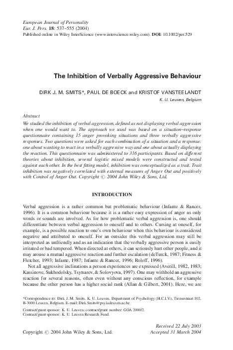 (PDF) The inhibition of verbally aggressive behaviour