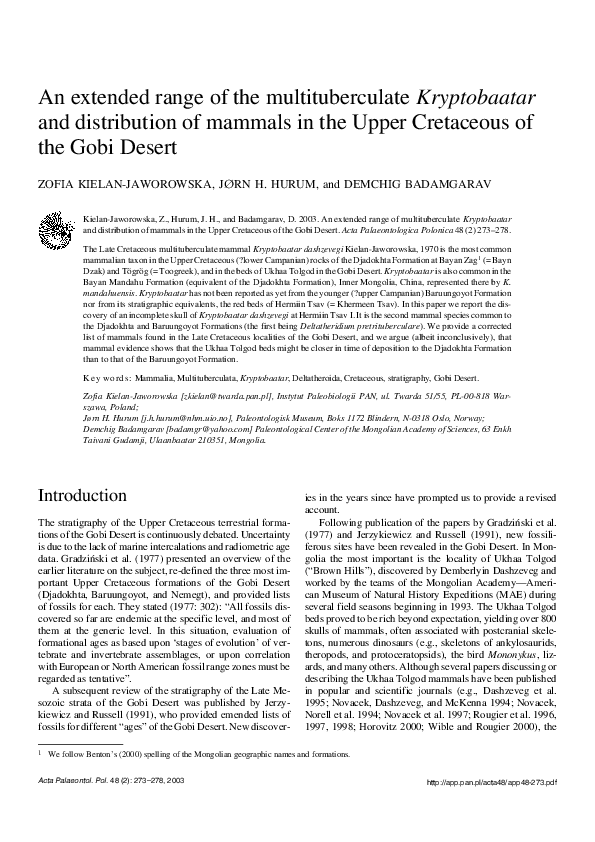 (PDF) An extended range of the multituberculate Kryptobaatar and ...