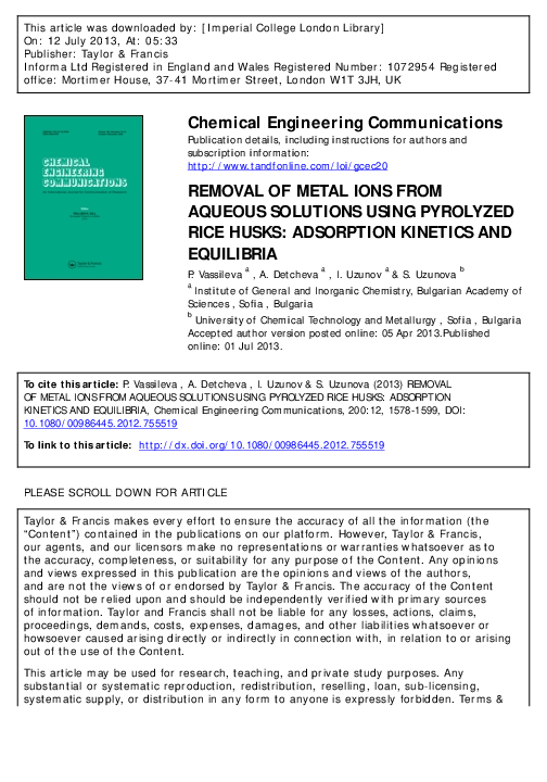 (PDF) REMOVAL OF METAL IONS FROM AQUEOUS SOLUTIONS USING PYROLYZED RICE HUSKS: ADSORPTION ...