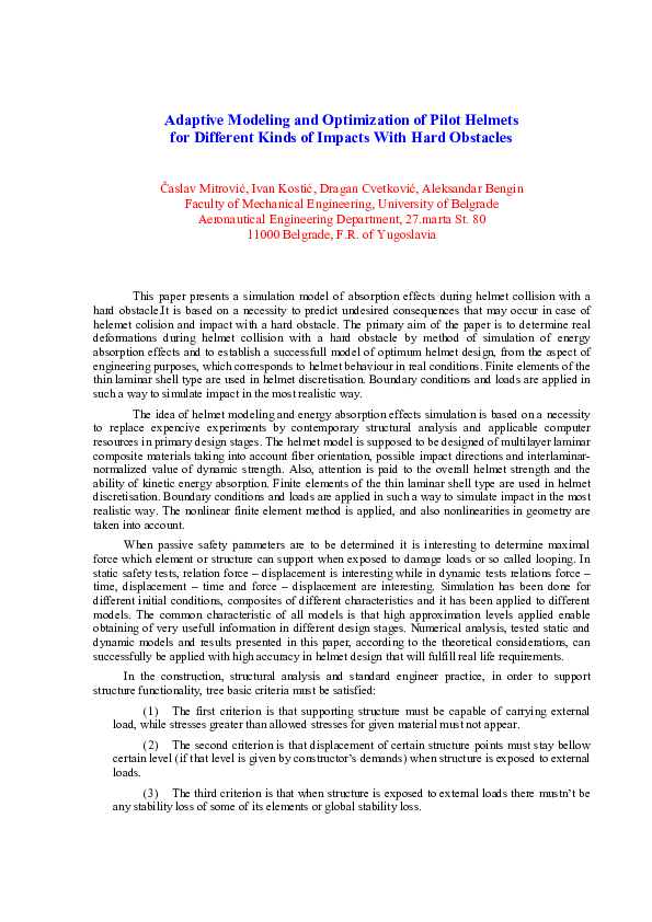 Pdf Adaptive Modeling And Optimization Of Pilot Helmets For Different Kinds Of Impacts With