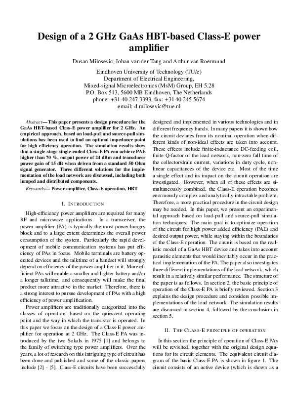 (PDF) Design of a 2 GHz GaAs HBT-based Class-E power amplifier