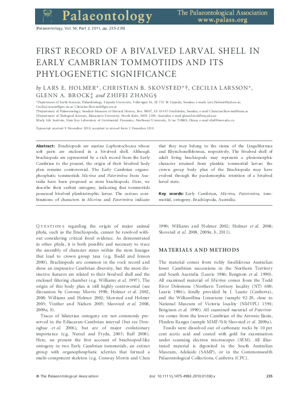 (PDF) First record of a bivalved larval shell in Early Cambrian ...