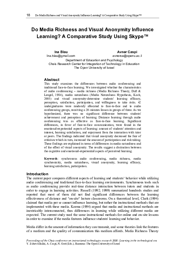 (PDF) Do media richness and visual anonymity influence learning? A ...