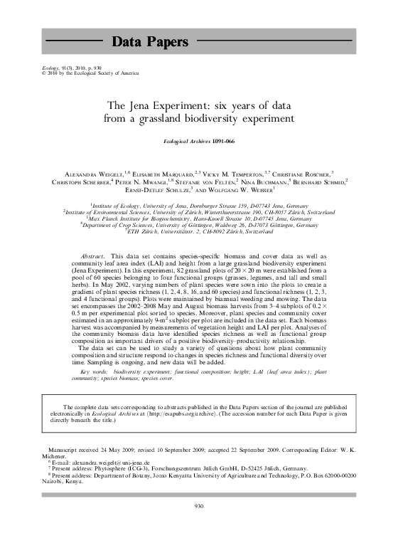 (PDF) The Jena Experiment: six years of data from a grassland ...