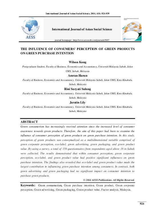 (PDF) The Influence of Consumers Perception of Green Products on Green Purchase Intention