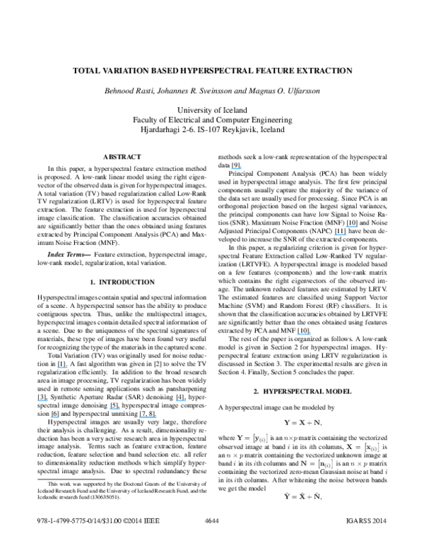 (PDF) Total variation based hyperspectral feature extraction