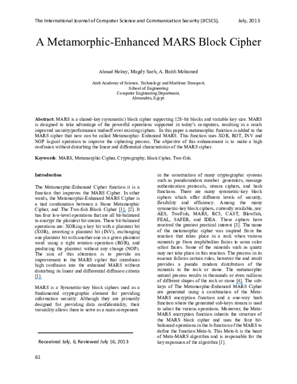 (PDF) A Metamorphic-Enhanced MARS Block Cipher