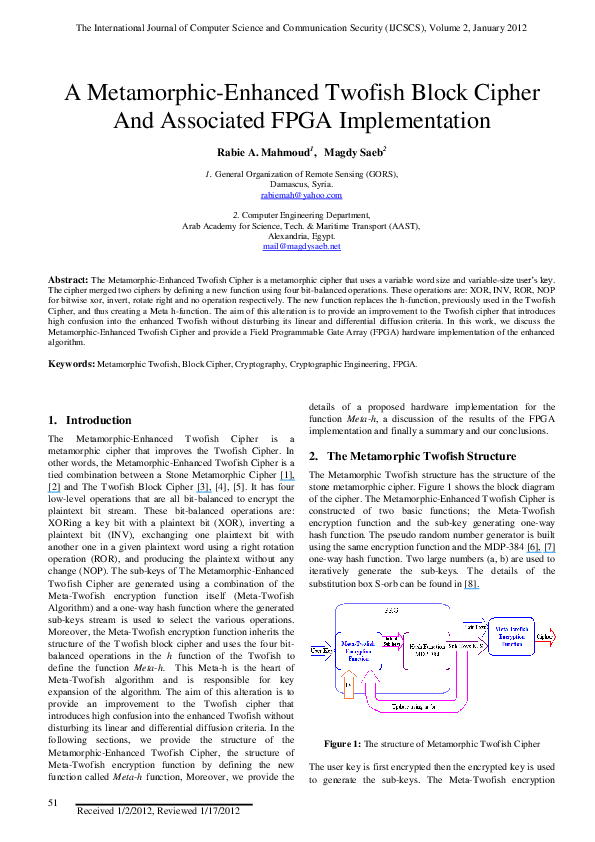 (PDF) Metamorphic Twofish Cipher with FPGA Design