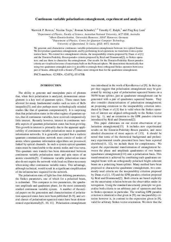 (PDF) Continuous variable polarization entanglement, experiment and analysis