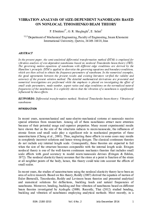 Pdf Vibration Analysis Of Size Dependent Nanobeams Based On Nonlocal Timoshenko Beam Theory