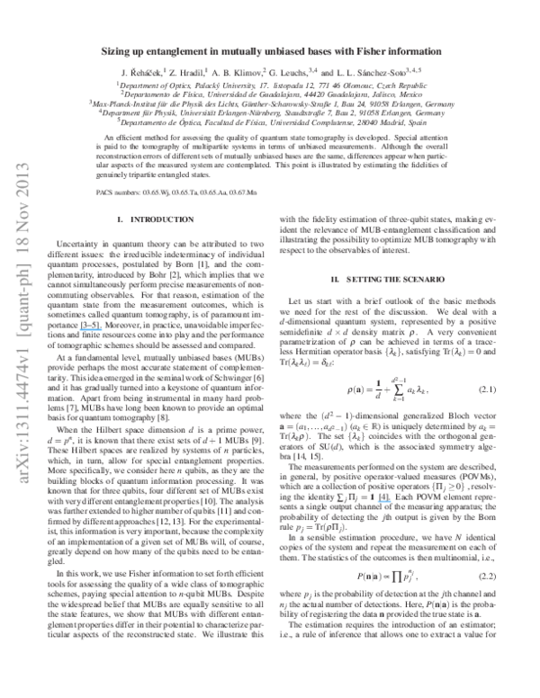 (PDF) Sizing up entanglement in mutually unbiased bases with Fisher information