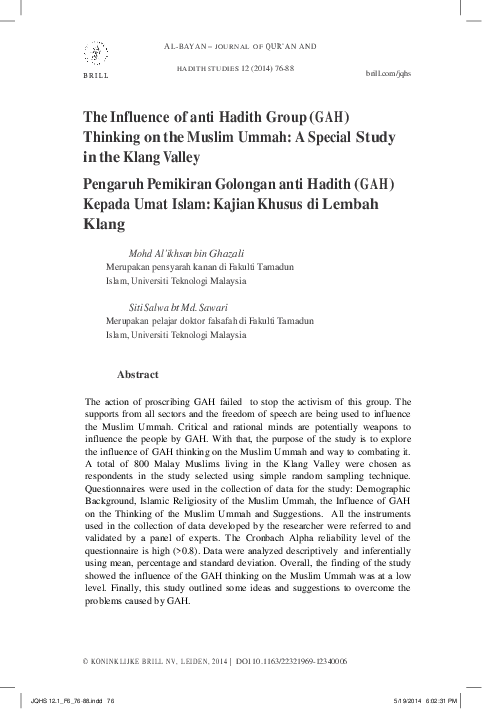 (PDF) The Influence of anti Hadith Group (GAH) Thinking on the Muslim ...