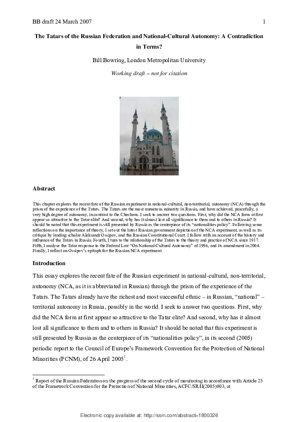 (PDF) The Tatars of the Russian Federation and National–Cultural ...