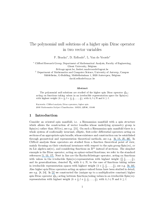 (PDF) The Polynomial Null Solutions of a Higher Spin Dirac Operator in Two Vector Variables | D ...