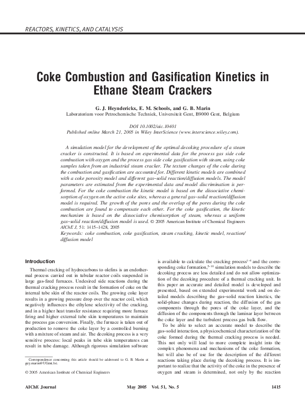 (PDF) Coke combustion and gasification kinetics in ethane steam crackers
