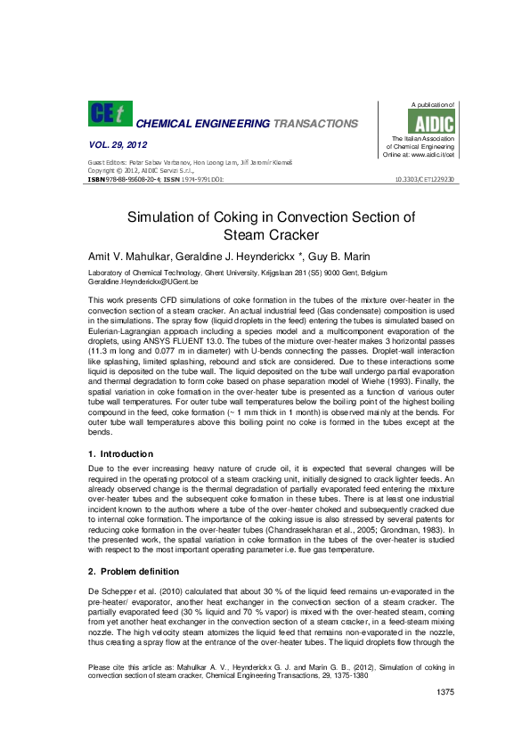 (PDF) Simulation of Coking in Convection Section of Steam Cracker