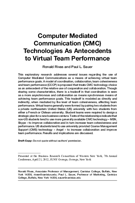 (PDF) Computer Mediated Communication (CMC) Technologies As Antecedents to Virtual Team Performance