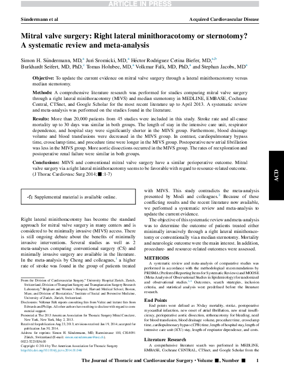 (PDF) Mitral valve surgery: Right lateral minithoracotomy or sternotomy ...