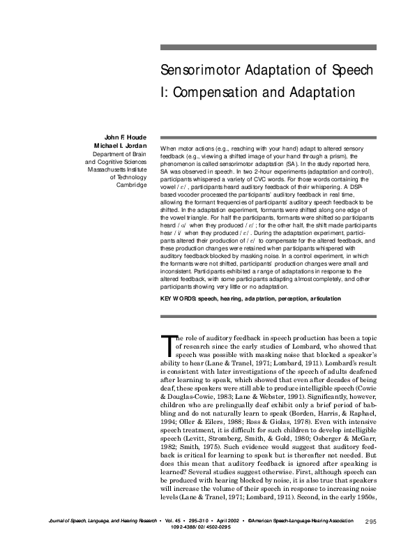 (PDF) Sensorimotor Adaptation of Speech I: Compensation and Adaptation