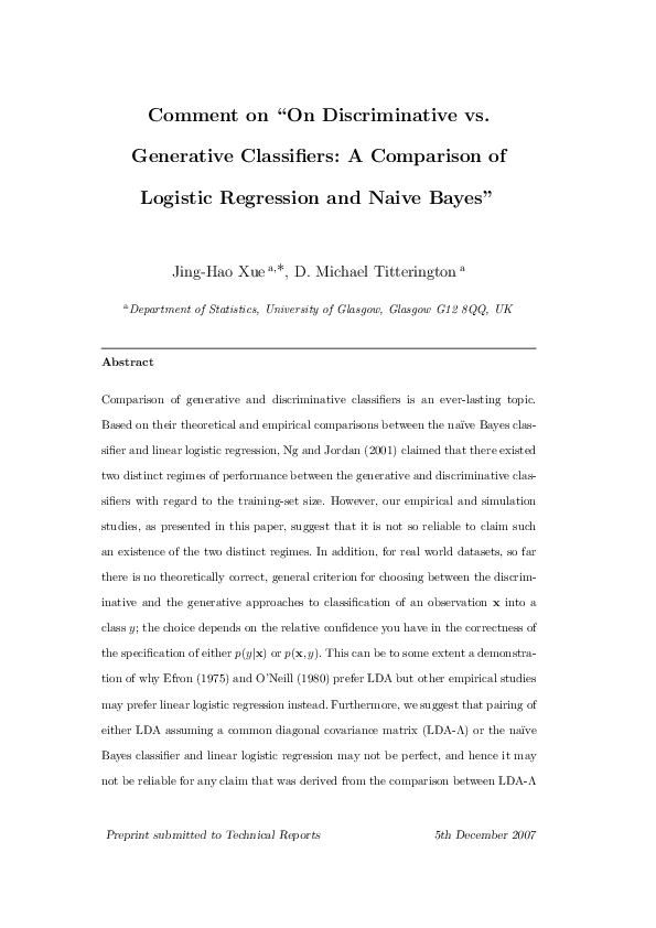 (PDF) On Discriminative vs. Generative classifiers: A comparison of logistic regression and ...